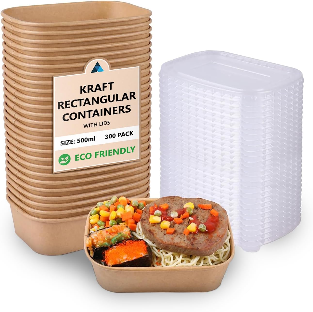 500ml Rectangular Kraft Disposable Food Containers with Lids | NPL